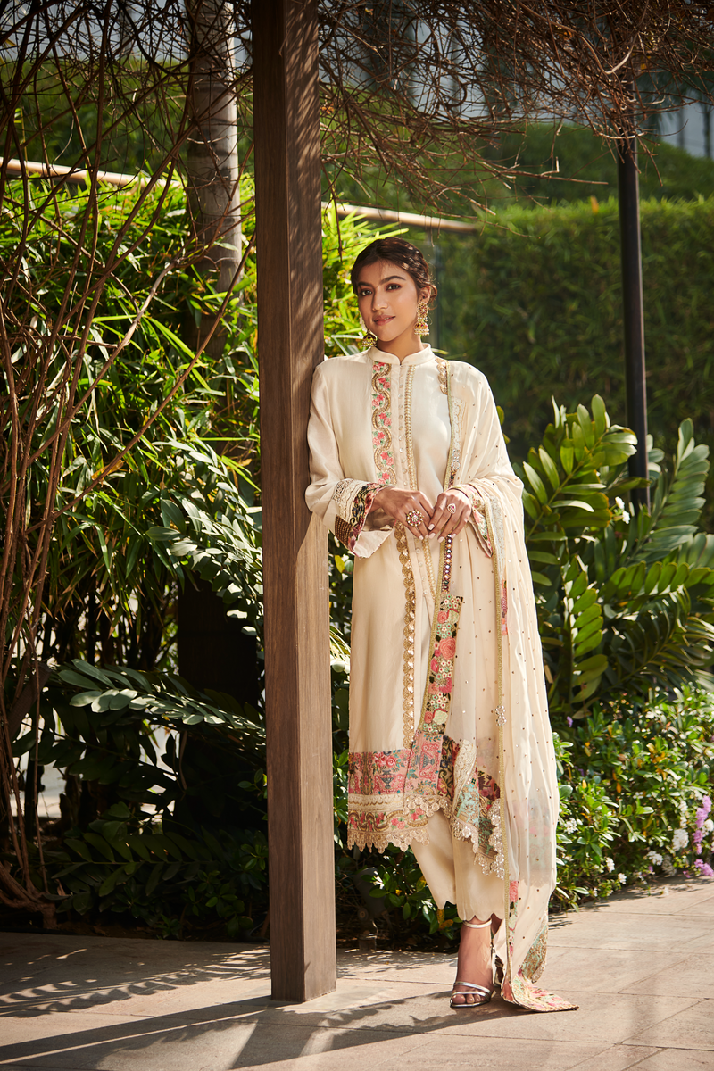 Multi Patch Ivory Front Open Suit Set - Varun Bahl