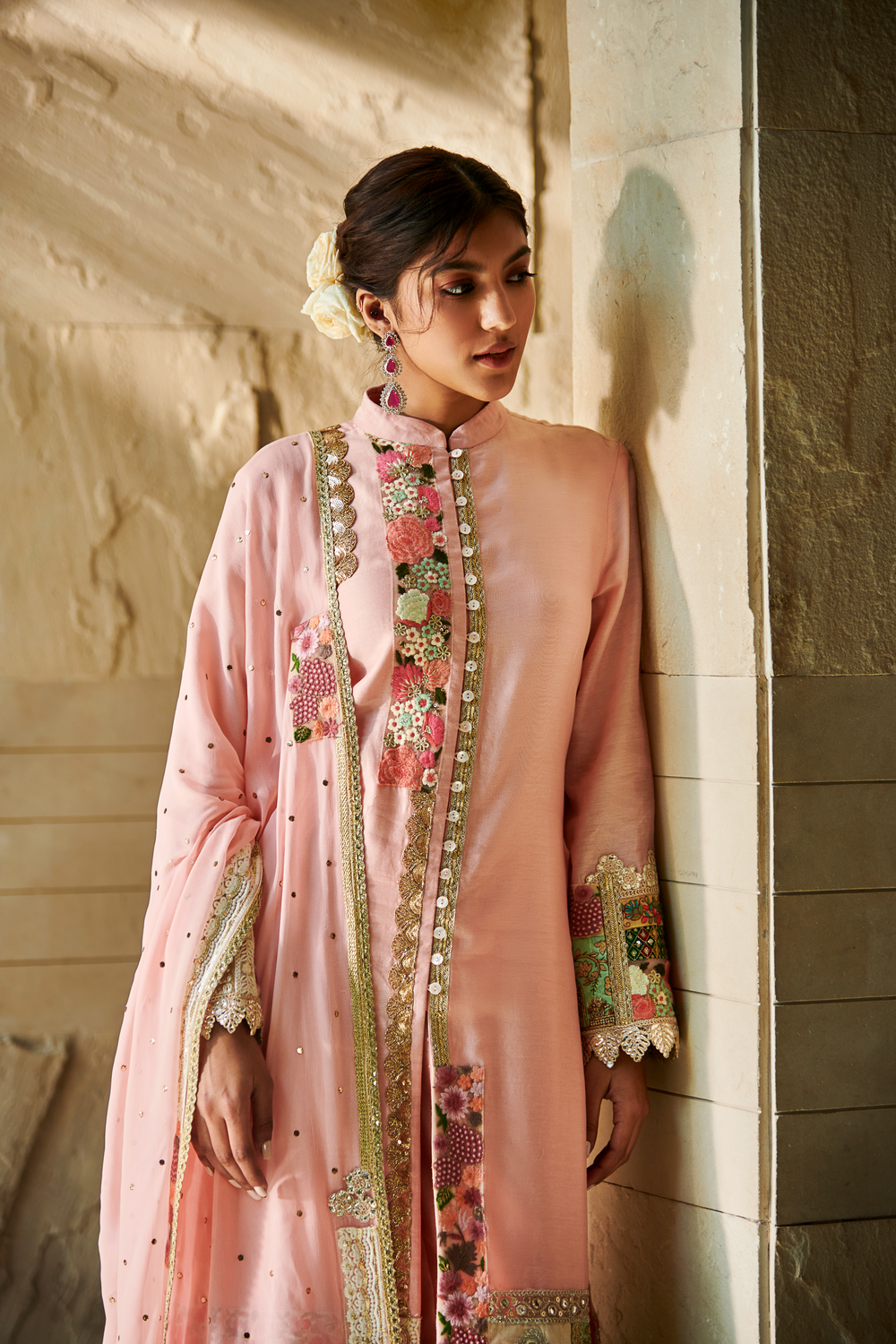 Peach Patchwork Front Open Suit Set - Varun Bahl