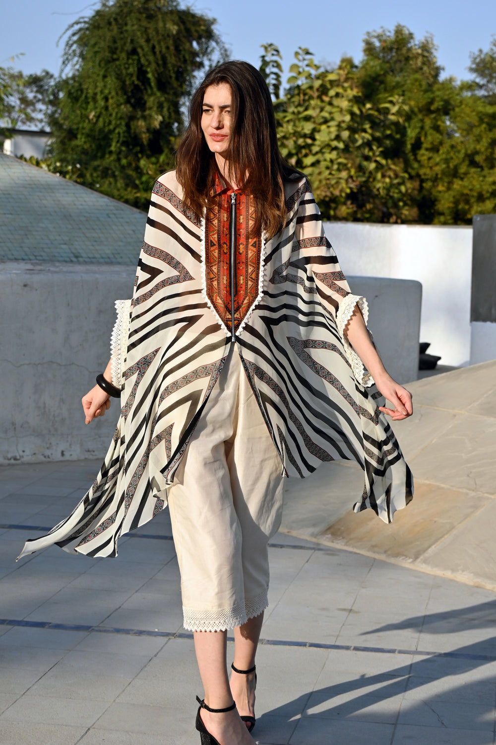 Stripe and Kilim Front Open Tunic and Trousers